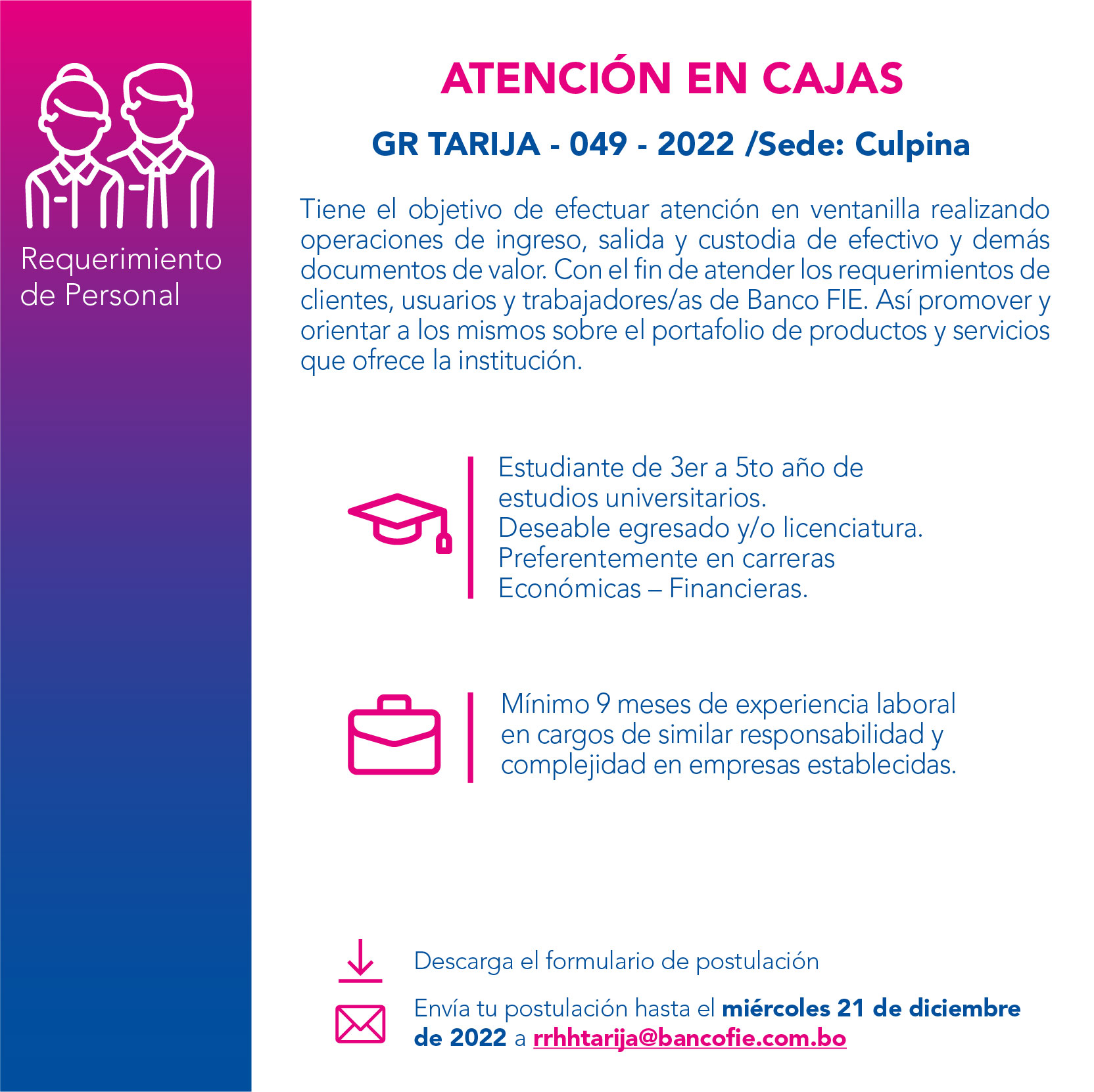 REQUERIMIENTO DE PERSONAL BANCO FIE | Trabajando Bolivia